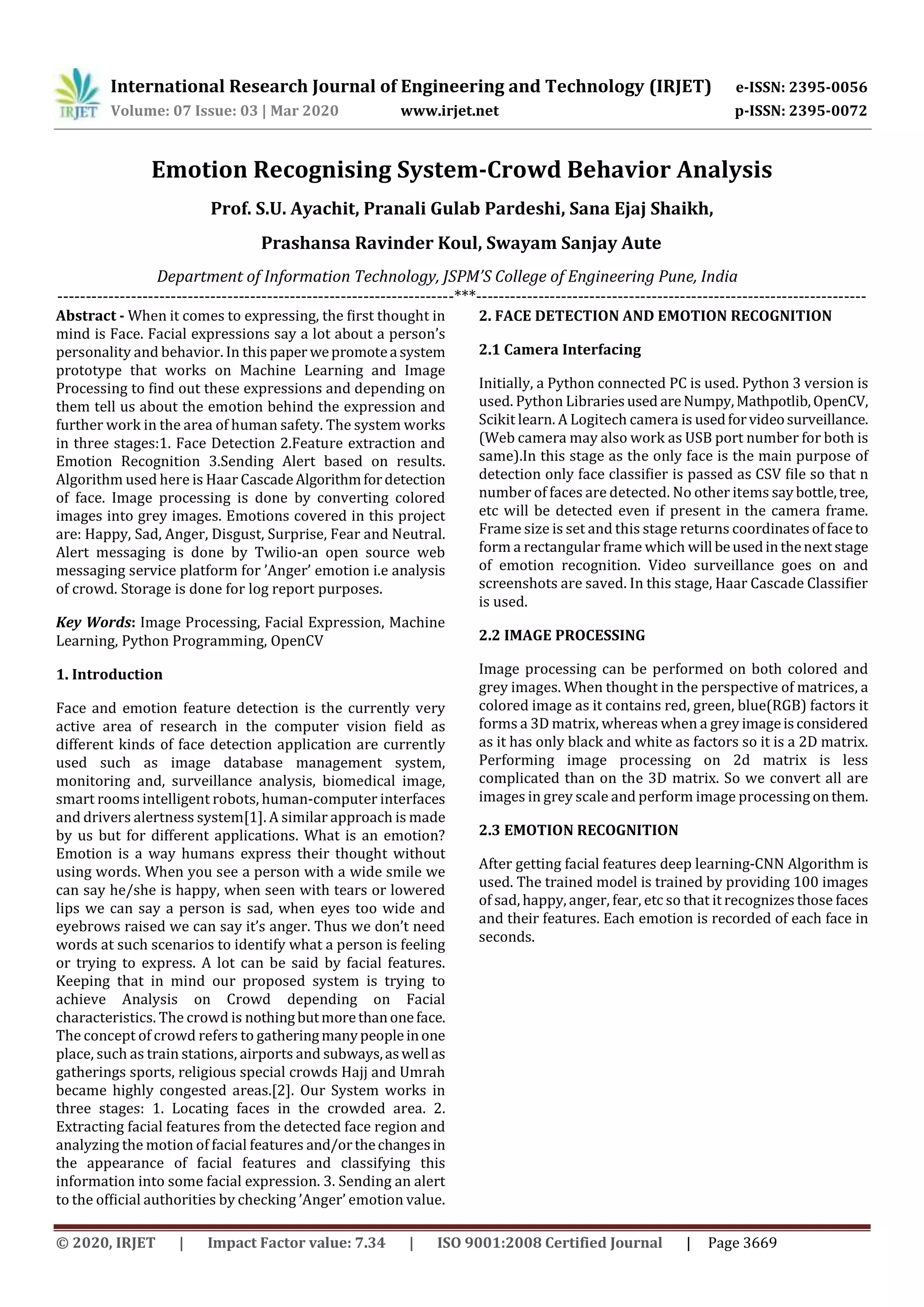 IRJET - Emotion Recognising System-Crowd Behavior Analysis | PDF