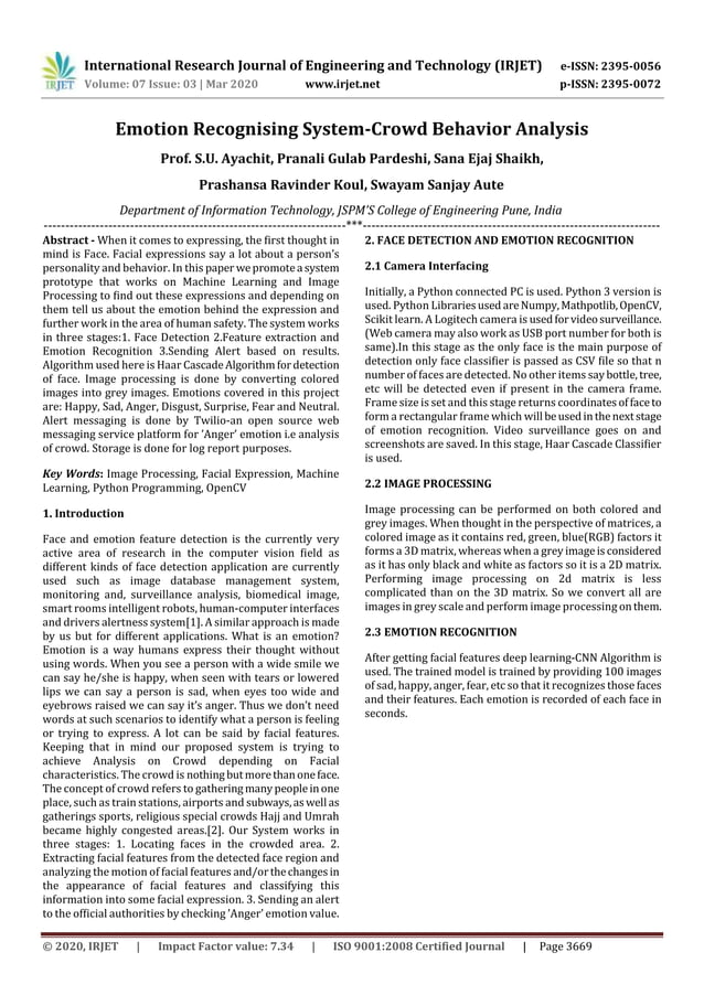 IRJET - Emotion Recognising System-Crowd Behavior Analysis | PDF