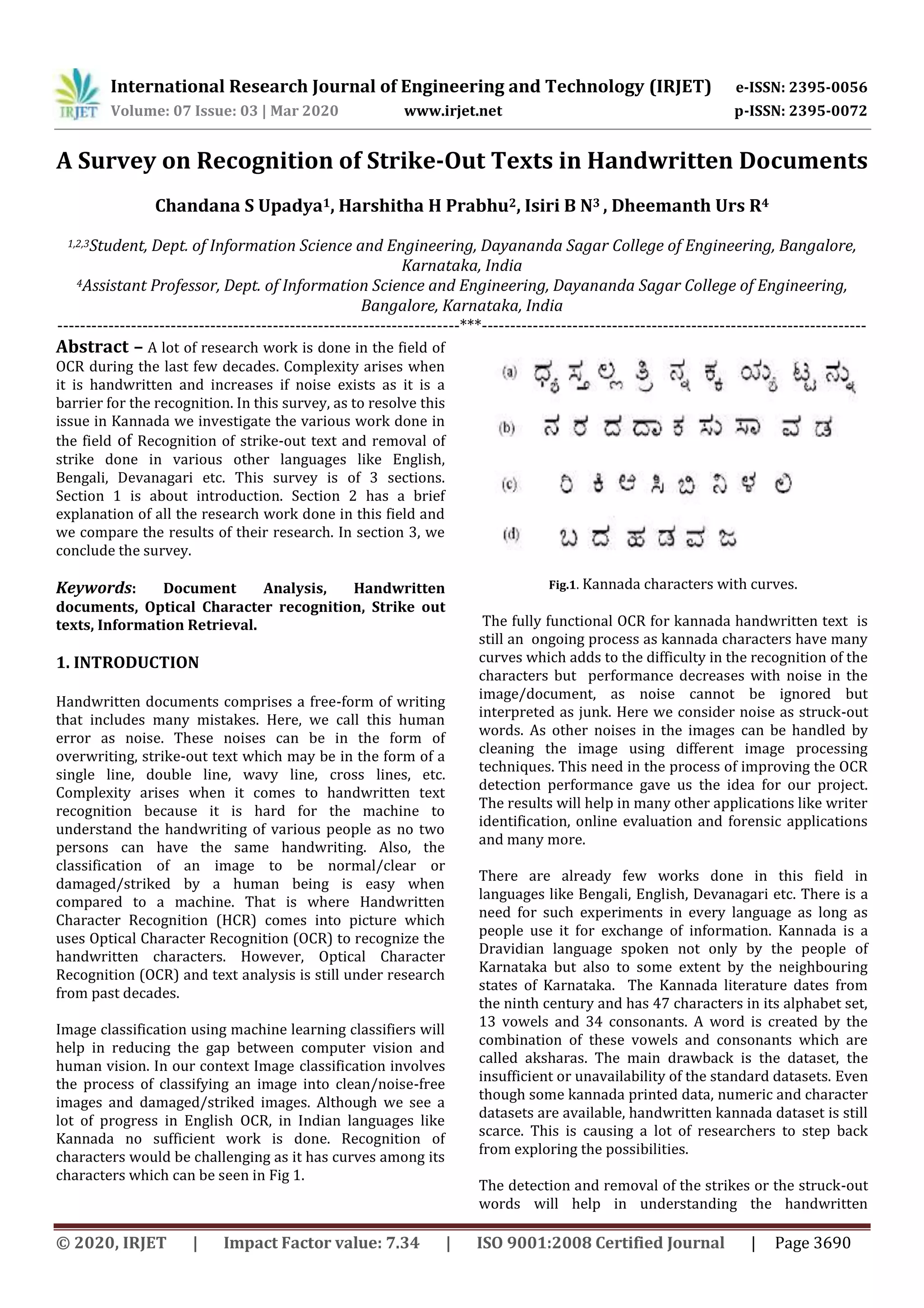 IRJET - A Survey on Recognition of Strike-Out Texts in Handwritten ...