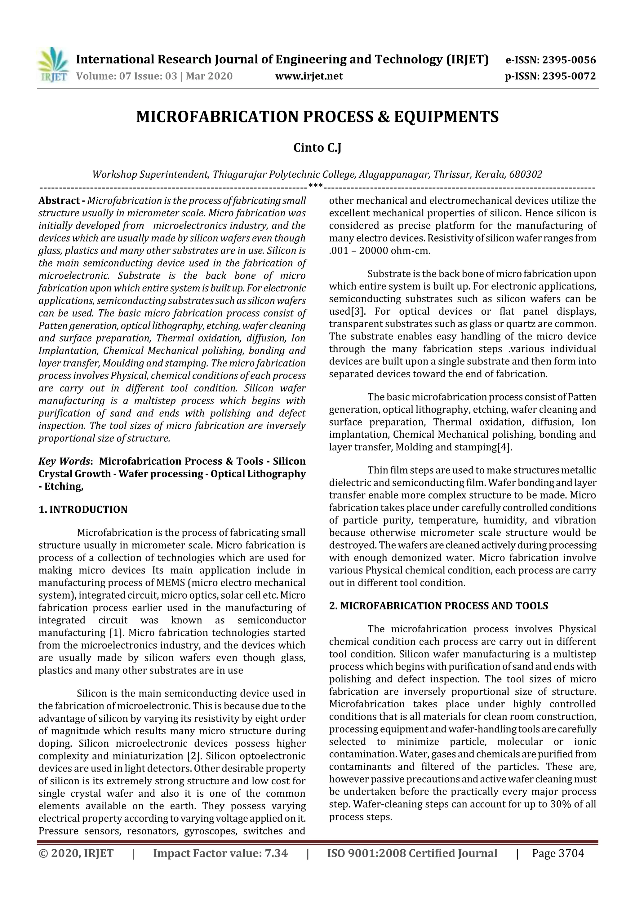 IRJET - Microfabrication Process & Equipments | PDF