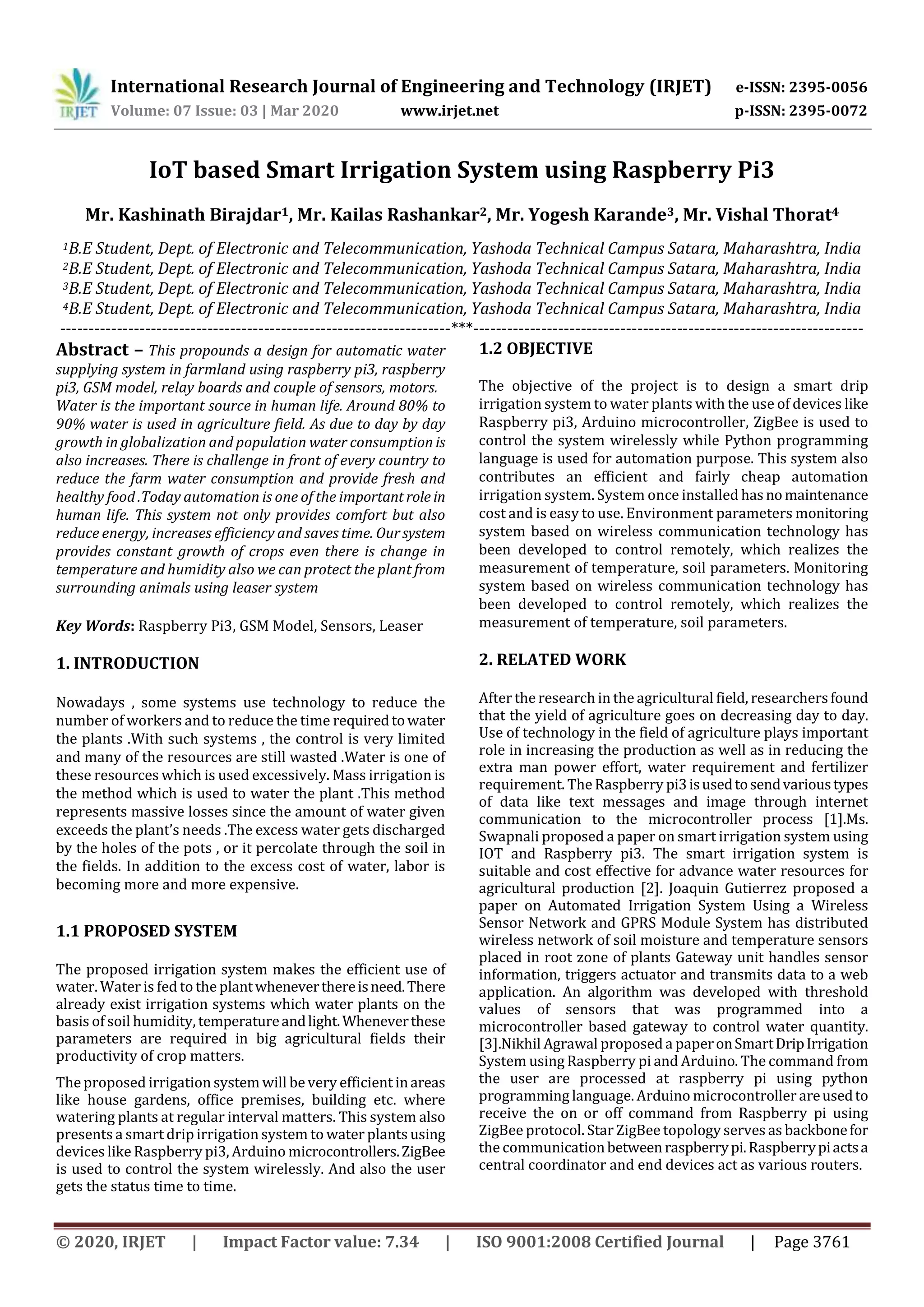 IRJET - IoT based Smart Irrigation System using Raspberry Pi3 | PDF