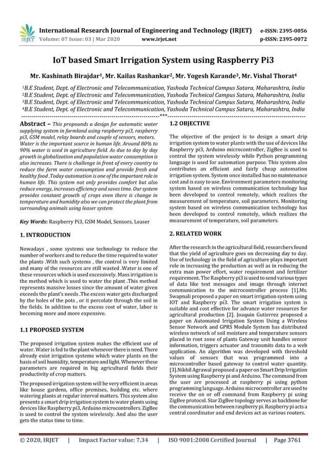 IRJET - IoT based Smart Irrigation System using Raspberry Pi3 | PDF