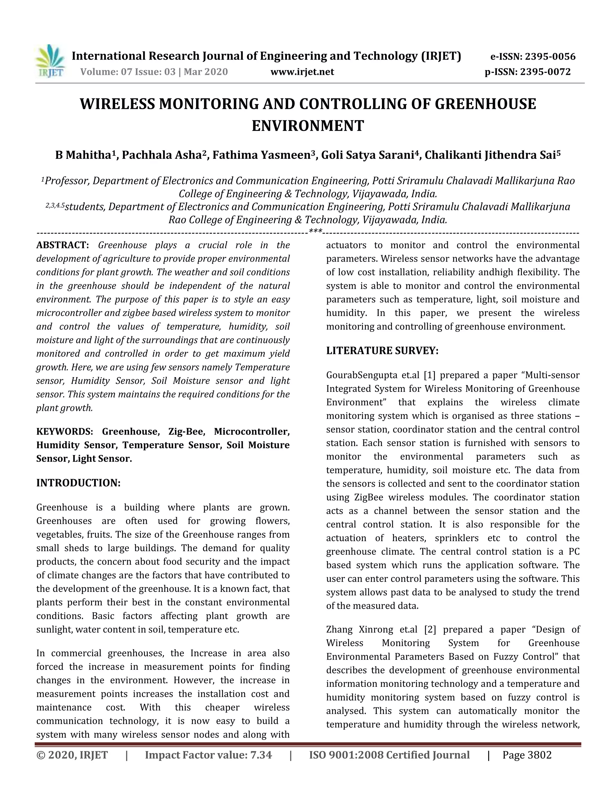 IRJET - Wireless Monitoring and Controlling of Greenhouse Environment | PDF | Gardening | Home ...
