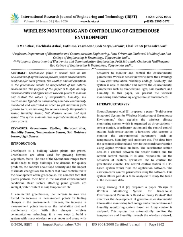 IRJET - Wireless Monitoring and Controlling of Greenhouse Environment | PDF | Gardening | Home ...