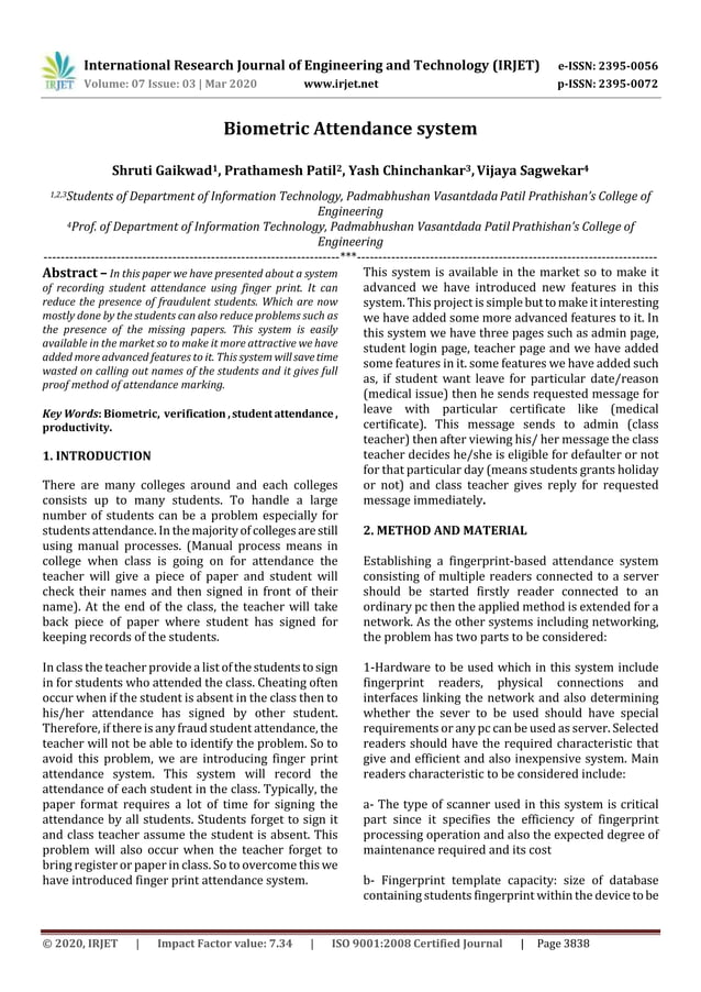 IRJET - Biometric Attendance System | PDF