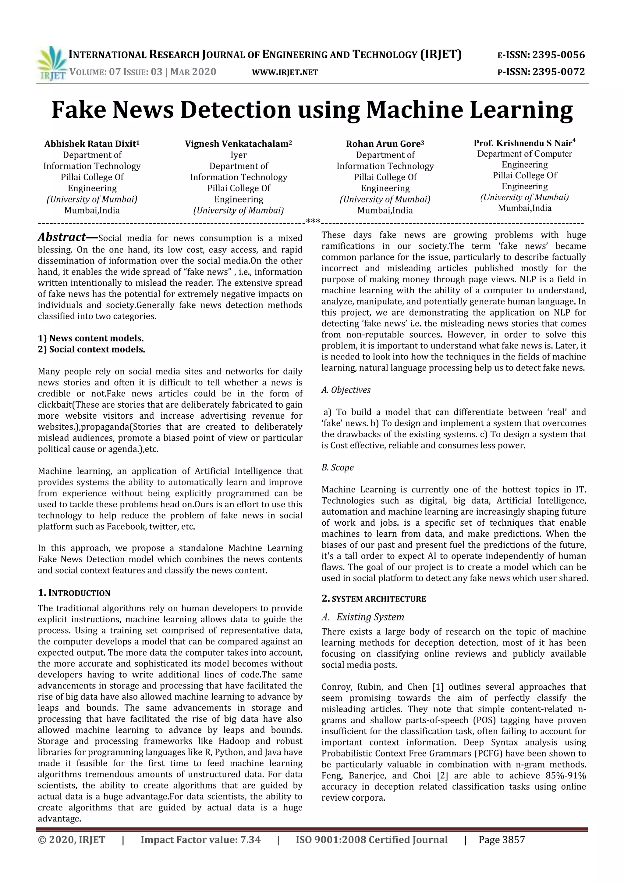 IRJET - Fake News Detection using Machine Learning | PDF