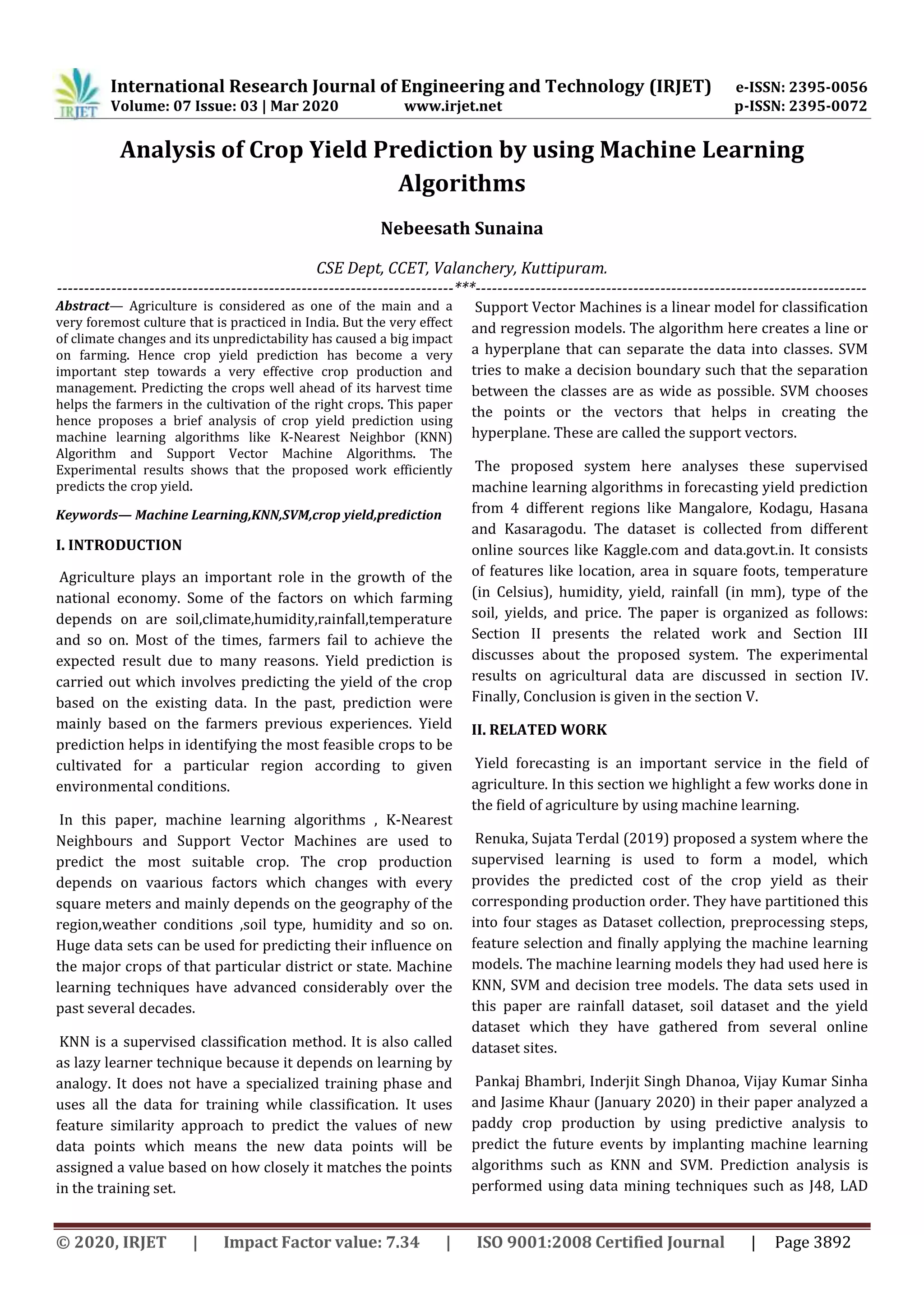 IRJET - Analysis of Crop Yield Prediction by using Machine Learning Algorithms | PDF ...