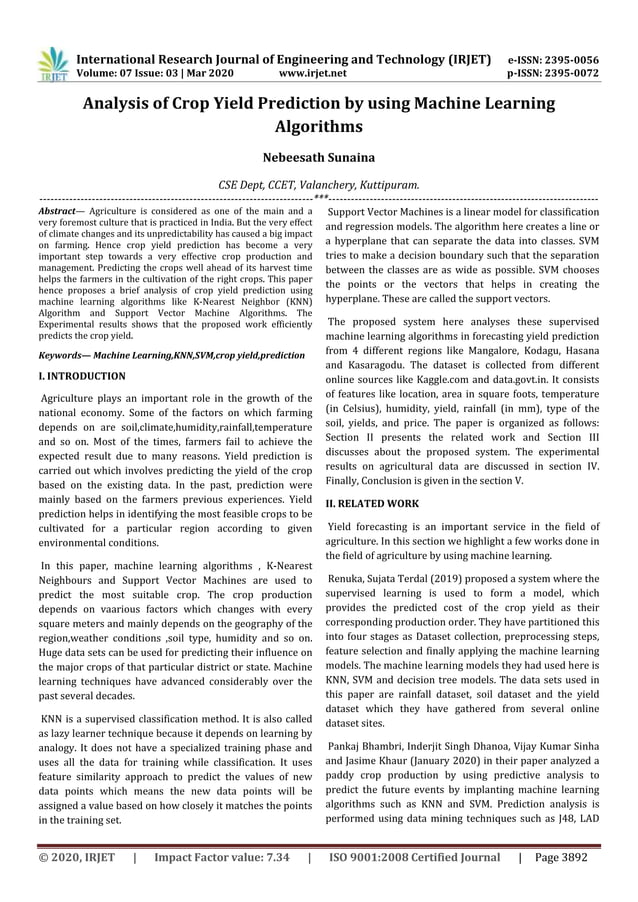 IRJET - Analysis of Crop Yield Prediction by using Machine Learning Algorithms | PDF ...
