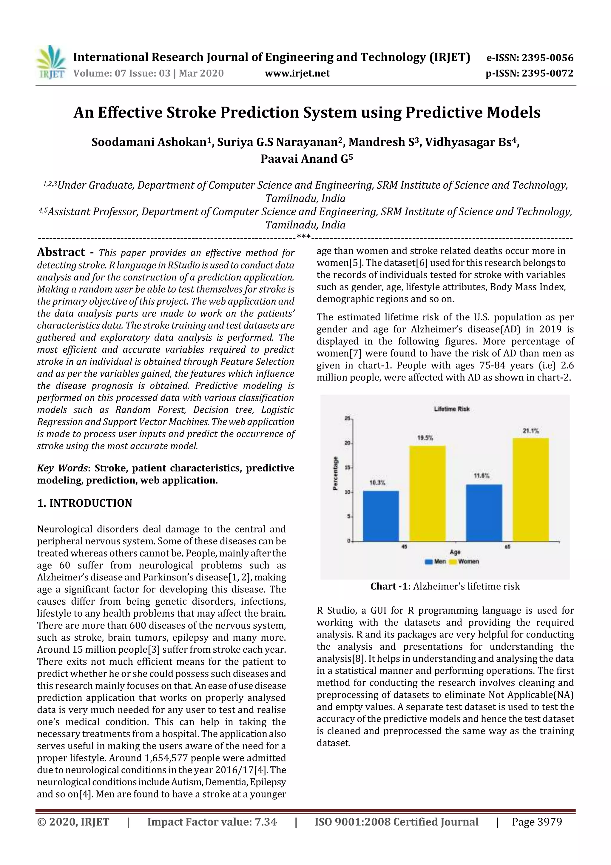 IRJET - An Effective Stroke Prediction System using Predictive Models | PDF