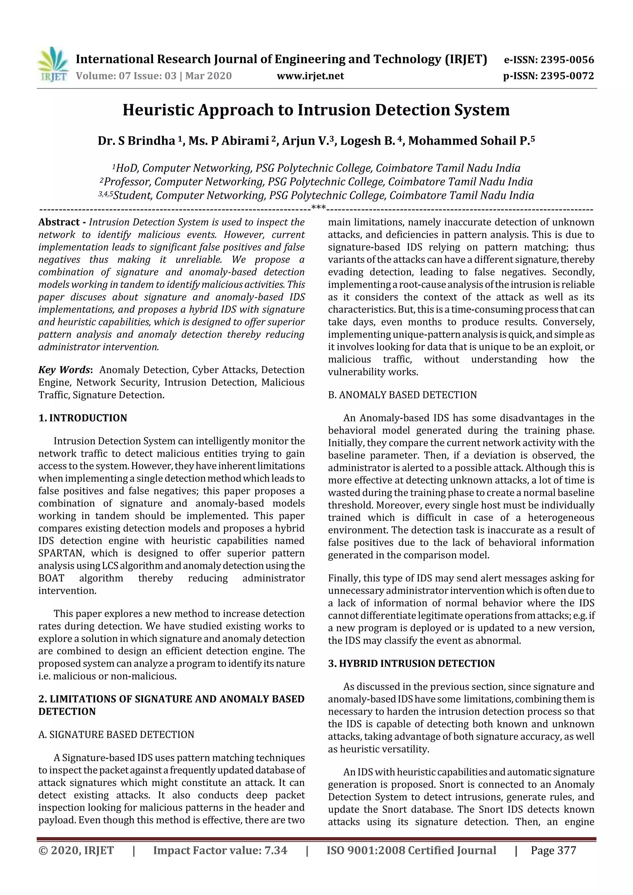 Irjet Heuristic Approach To Intrusion Detection System Pdf