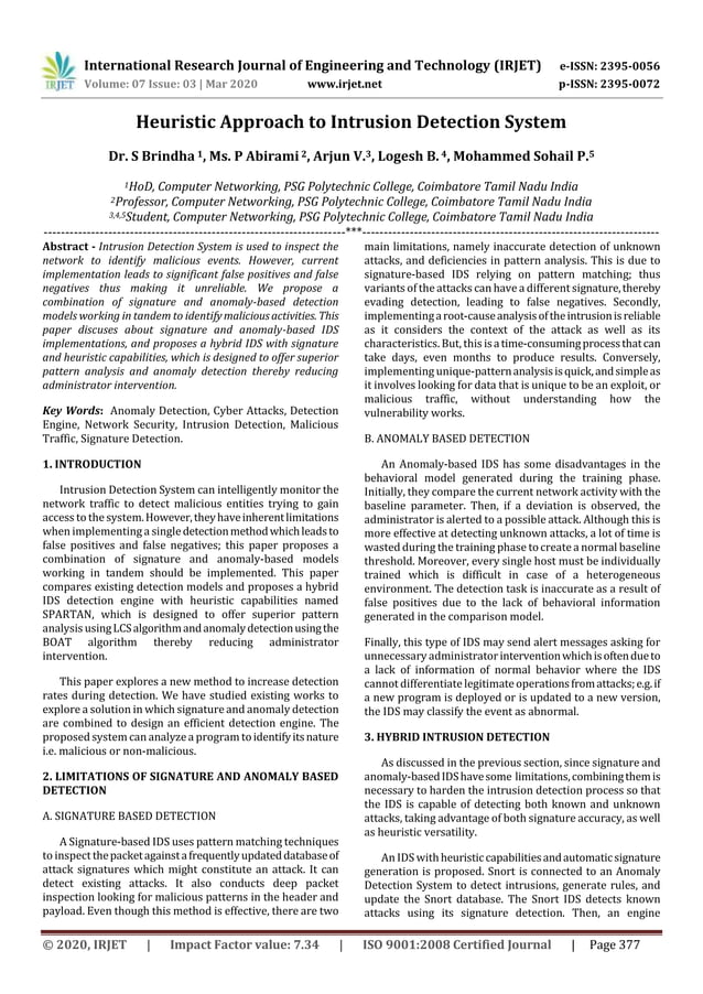 IRJET - Heuristic Approach to Intrusion Detection System | PDF