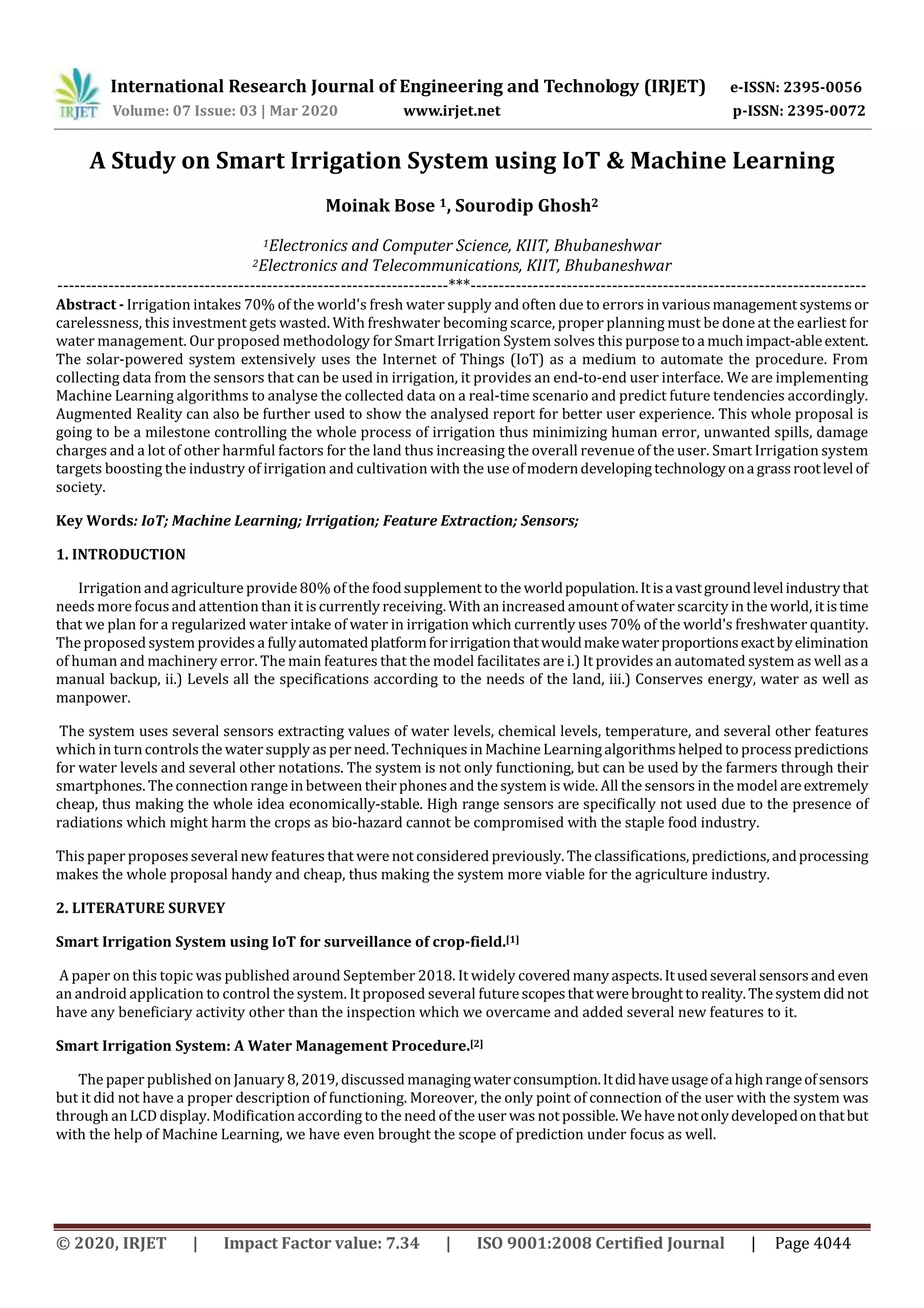 IRJET - A Study on Smart Irrigation System using IoT & Machine Learning ...