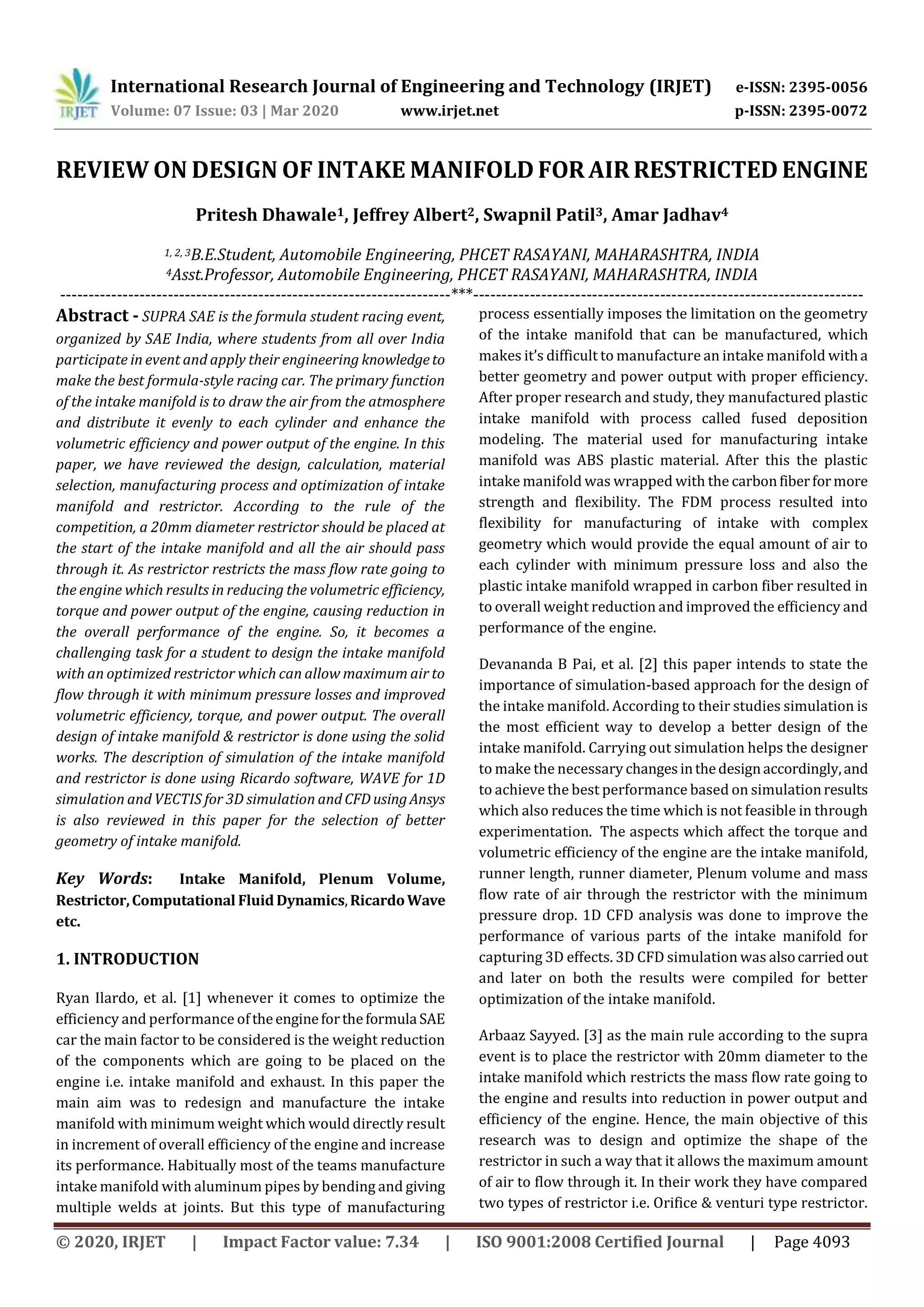 IRJET - Review on Design of Intake Manifold for Air Restricted Engine | PDF