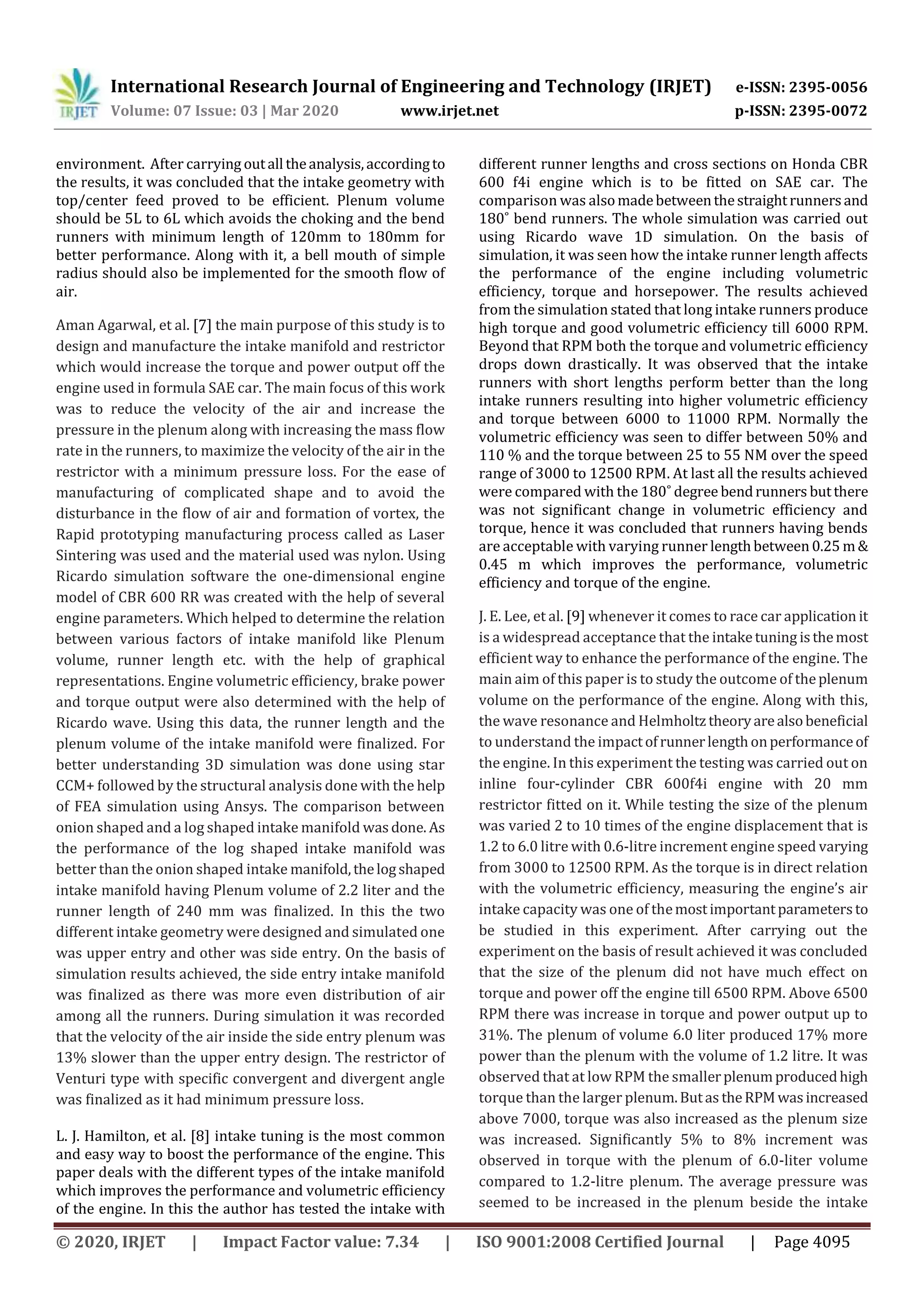 IRJET - Review on Design of Intake Manifold for Air Restricted Engine | PDF
