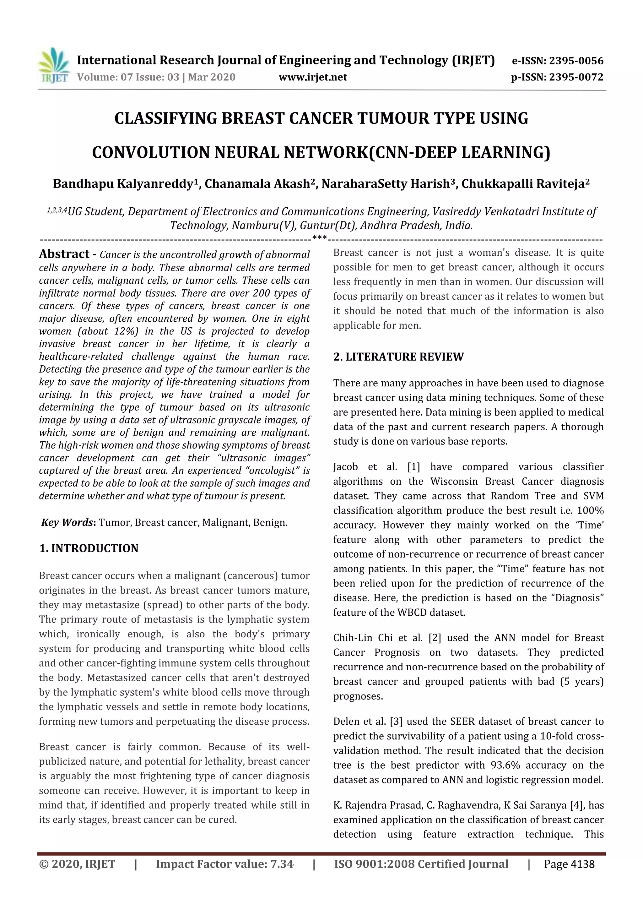IRJET - Classifying Breast Cancer Tumour Type using Convolution Neural Network(CNN-Deep Learning ...