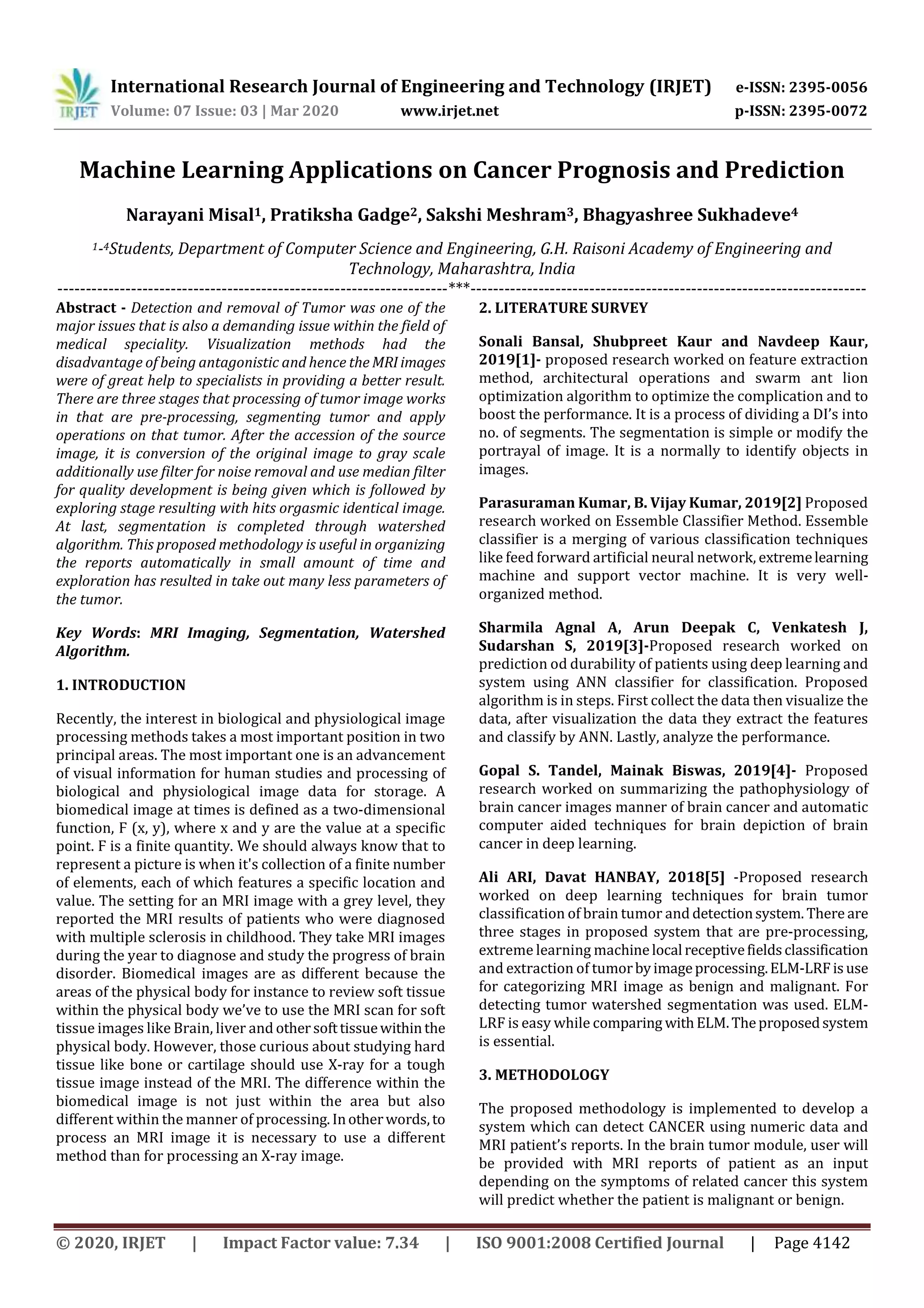 IRJET - Machine Learning Applications on Cancer Prognosis and ...