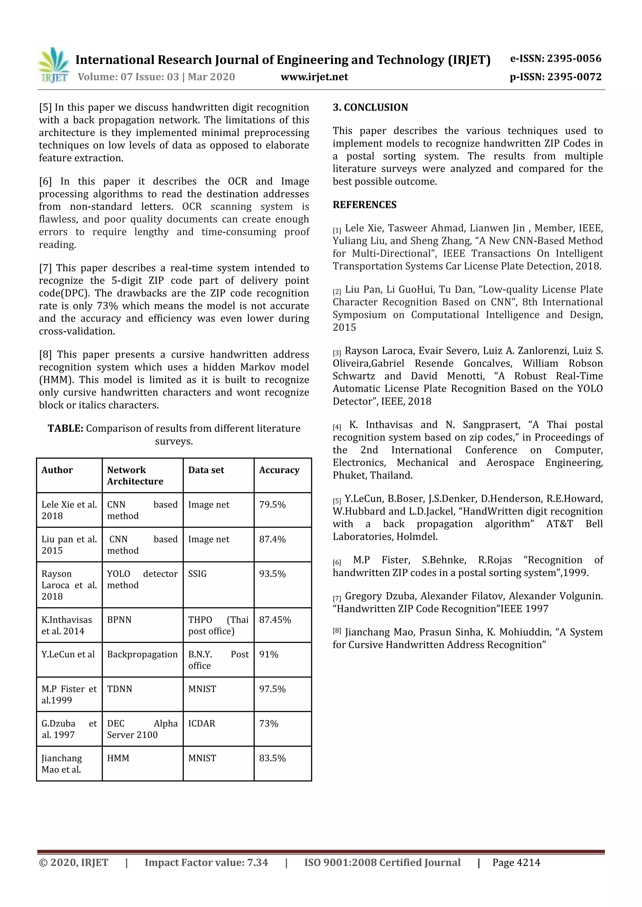 IRJET - A Survey on Recognition of Handwritten ZIP Codes in a Postal ...