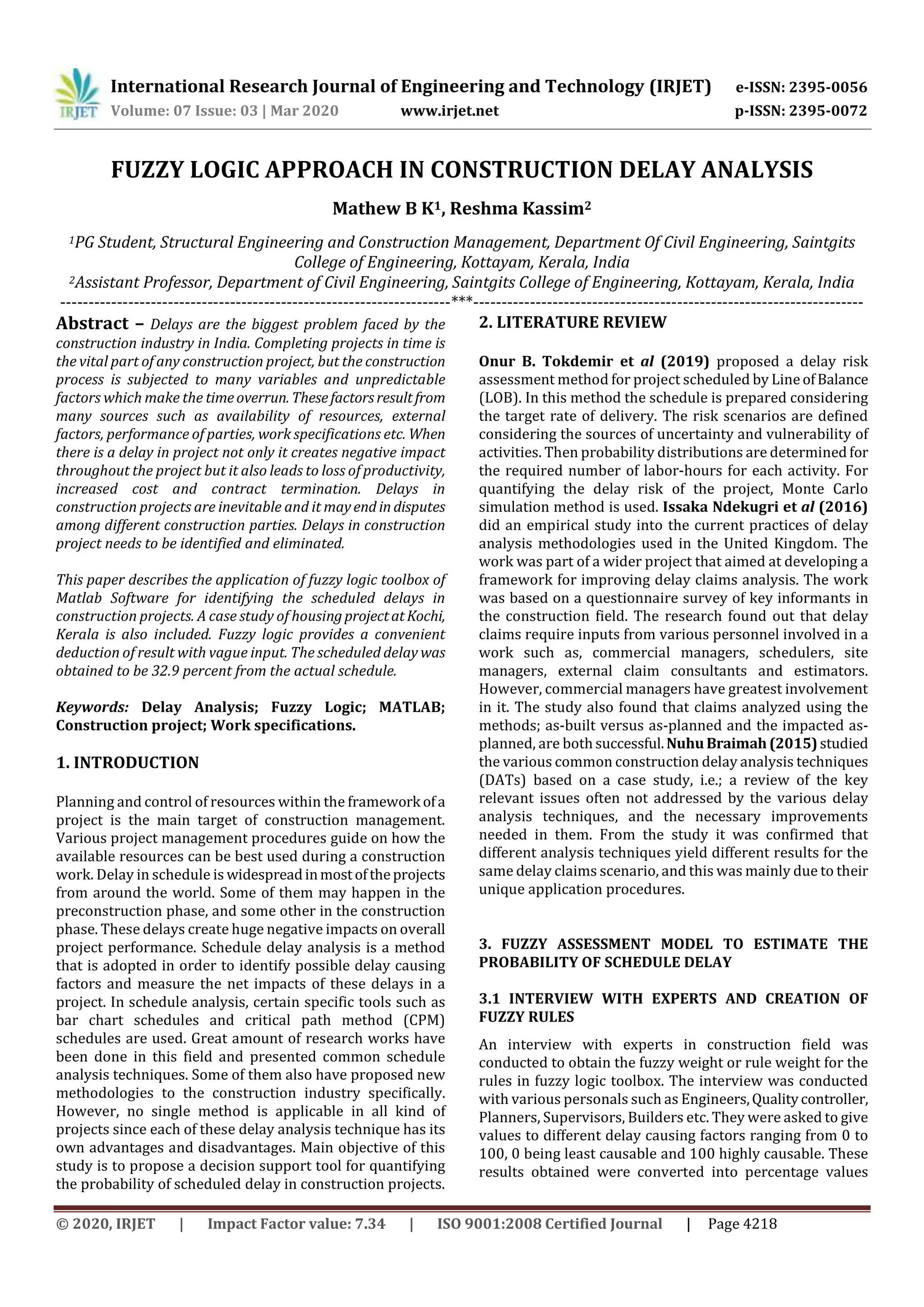 IRJET - Fuzzy Logic Approach in Construction Delay Analysis | PDF