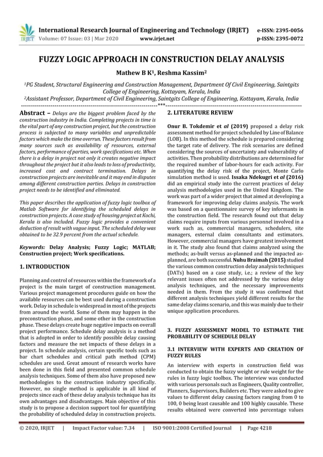 IRJET - Fuzzy Logic Approach in Construction Delay Analysis | PDF