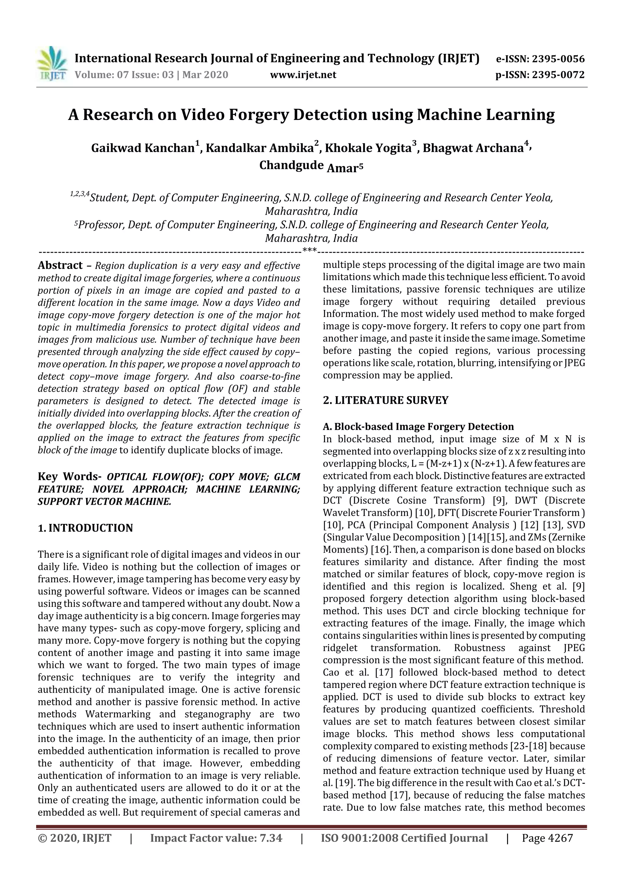 IRJET - A Research on Video Forgery Detection using Machine Learning | PDF