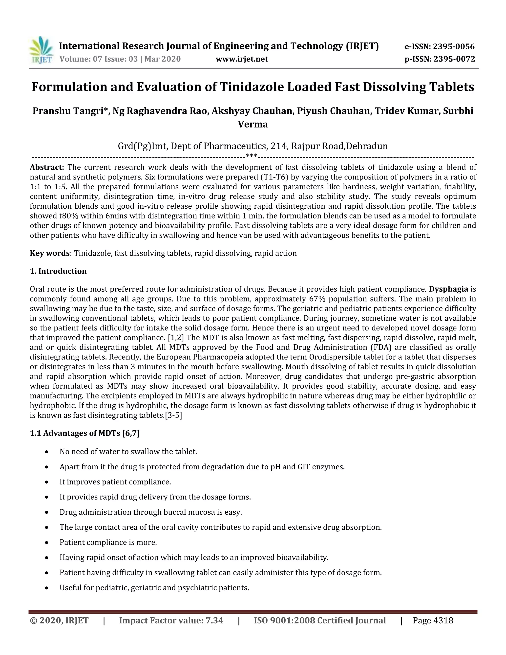 Irjet Formulation And Evaluation Of Tinidazole Loaded Fast Dissolving Tablets Pdf