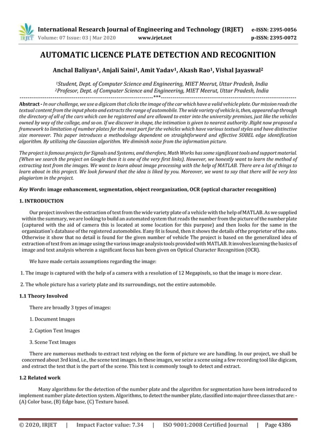 IRJET - Automatic Licence Plate Detection and Recognition | PDF