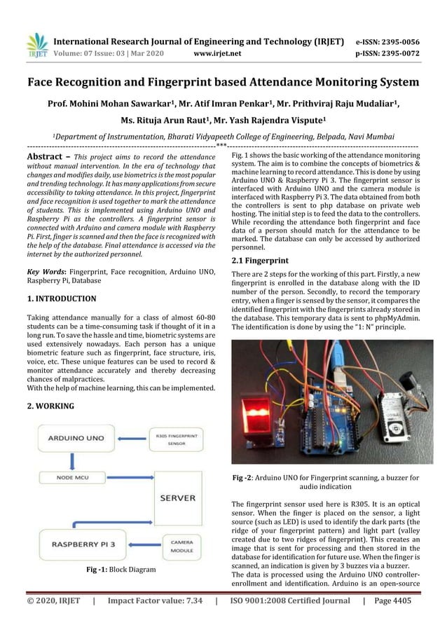 IRJET - Face Recognition and Fingerprint based Attendance Monitoring System | PDF