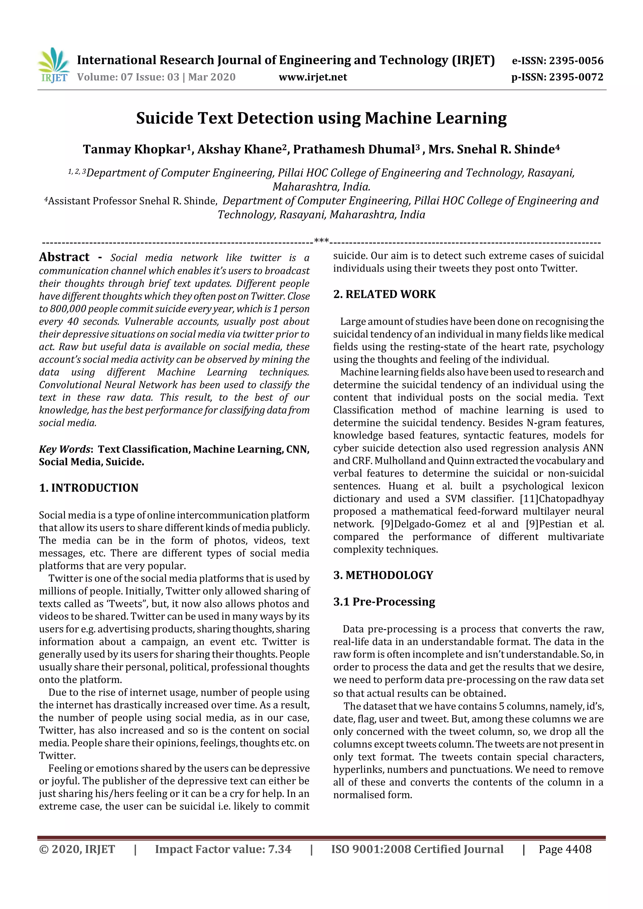 Irjet Suicidal Text Detection Using Machine Learning Pdf