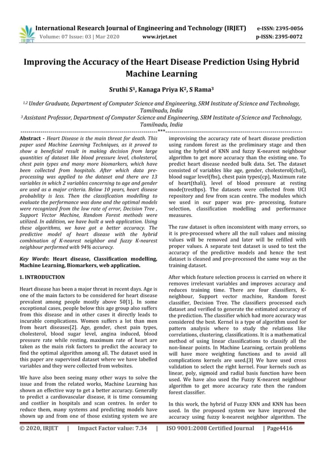 IRJET -Improving the Accuracy of the Heart Disease Prediction using Hybrid Machine Learning | PDF