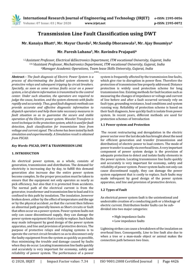 IRJET - Transmission Line Fault Classification using DWT | PDF | Power and Energy Industry ...