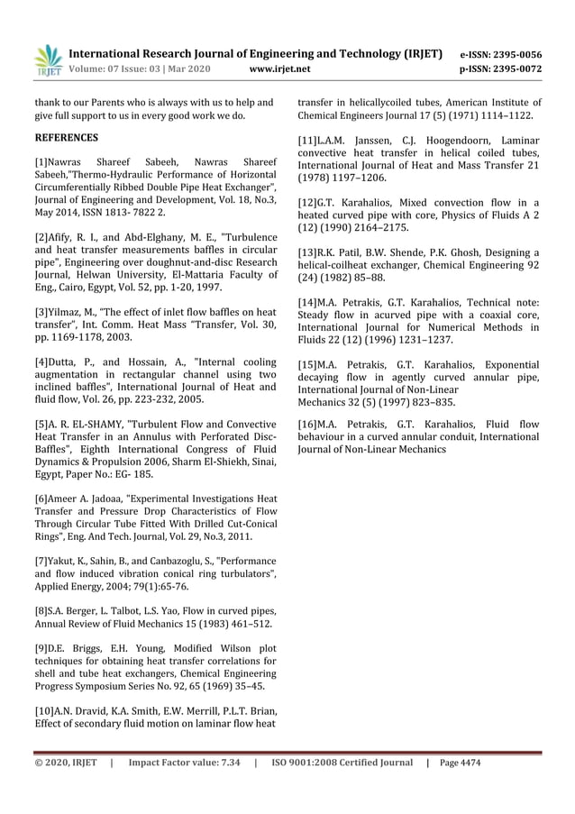 IRJET - Performance Analysis of a Double Pipe Heat Exchanger with and without Triangular Baffles ...