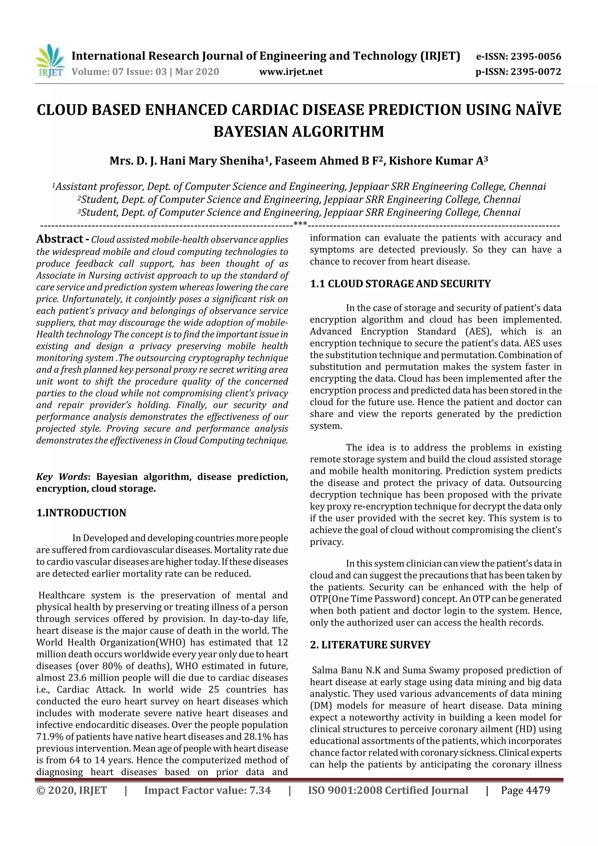 IRJET - Cloud based Enhanced Cardiac Disease Prediction using Naïve Bayesian Algorithm | PDF