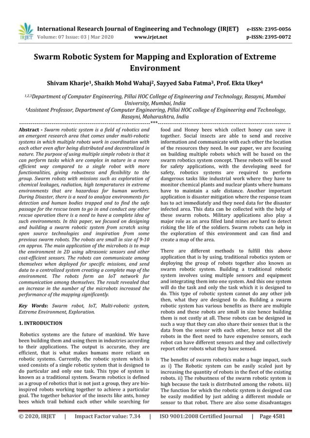 IRJET - Swarm Robotic System for Mapping and Exploration of Extreme Environment | PDF