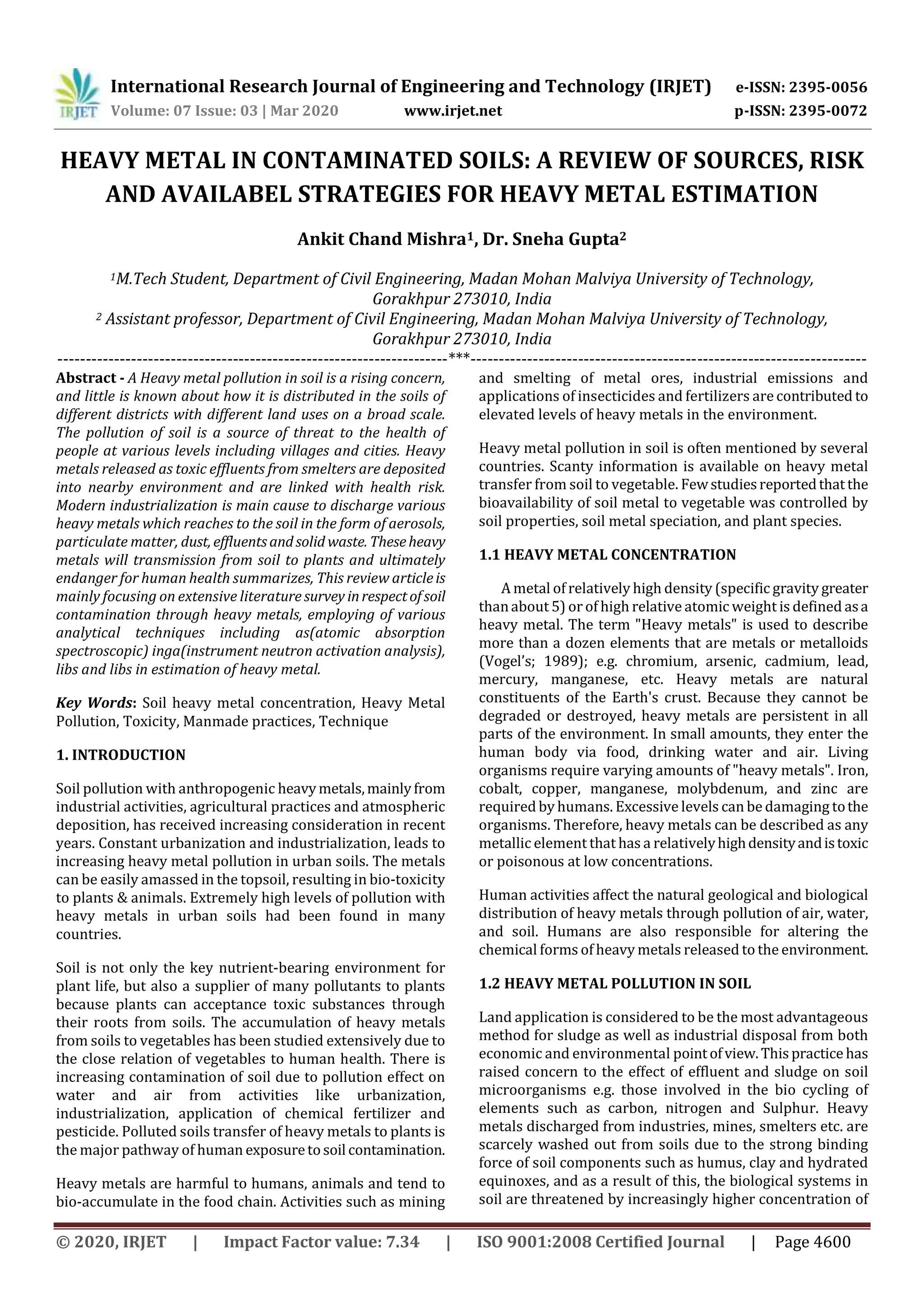 IRJET - Heavy Metal in Contaminated Soils: A Review of Sources, Risk and Availabel Strategies ...