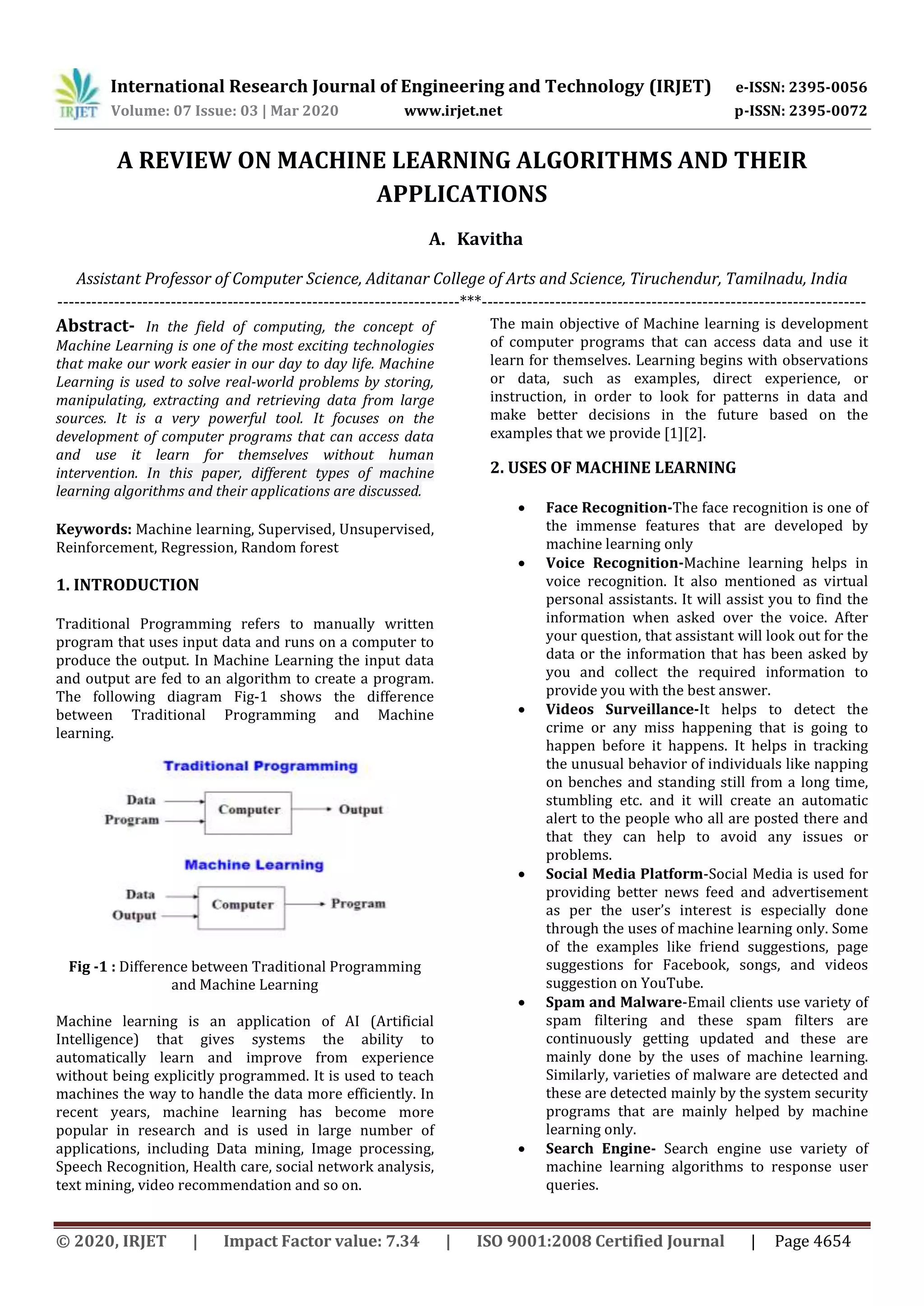 IRJET - A Review on Machine Learning Algorithms and their Applications | PDF
