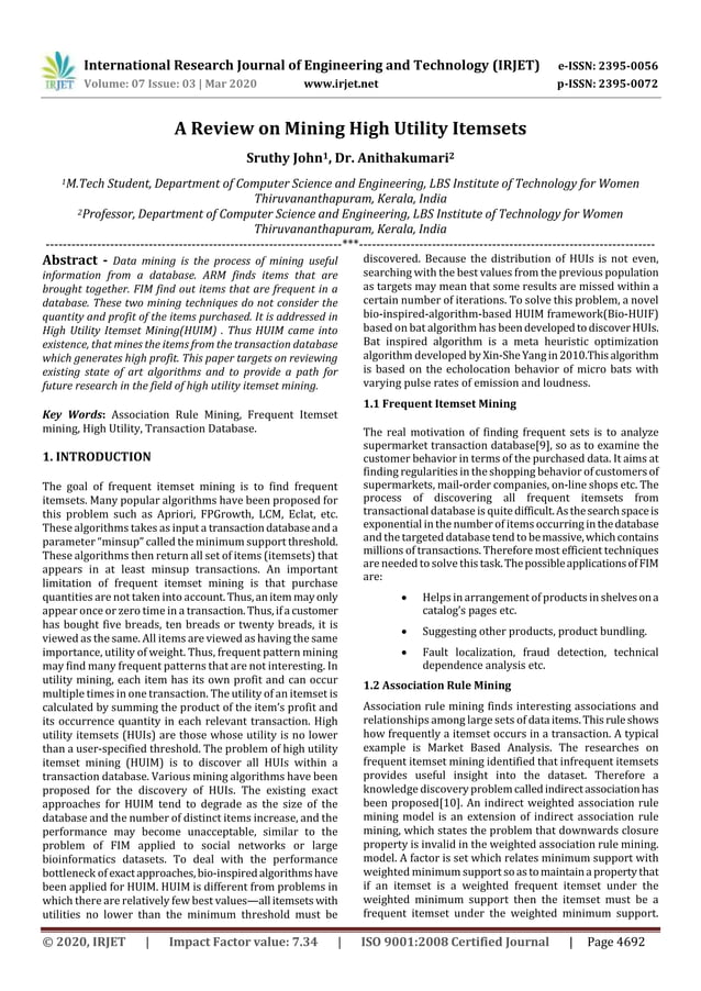 IRJET - A Review on Mining High Utility Itemsets | PDF