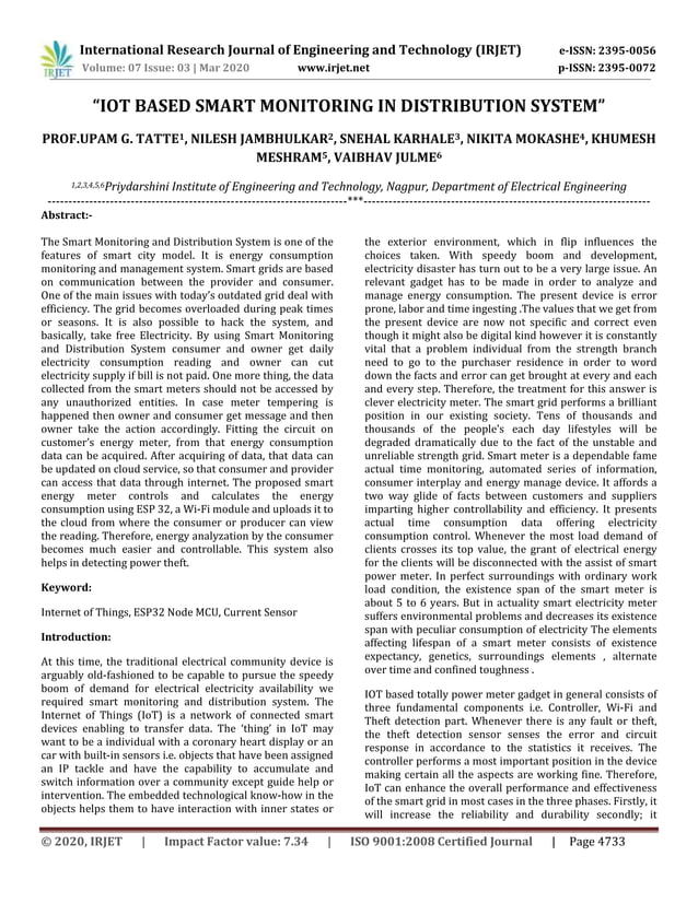 IRJET - IoT based Smart Monitoring in Distribution System | PDF