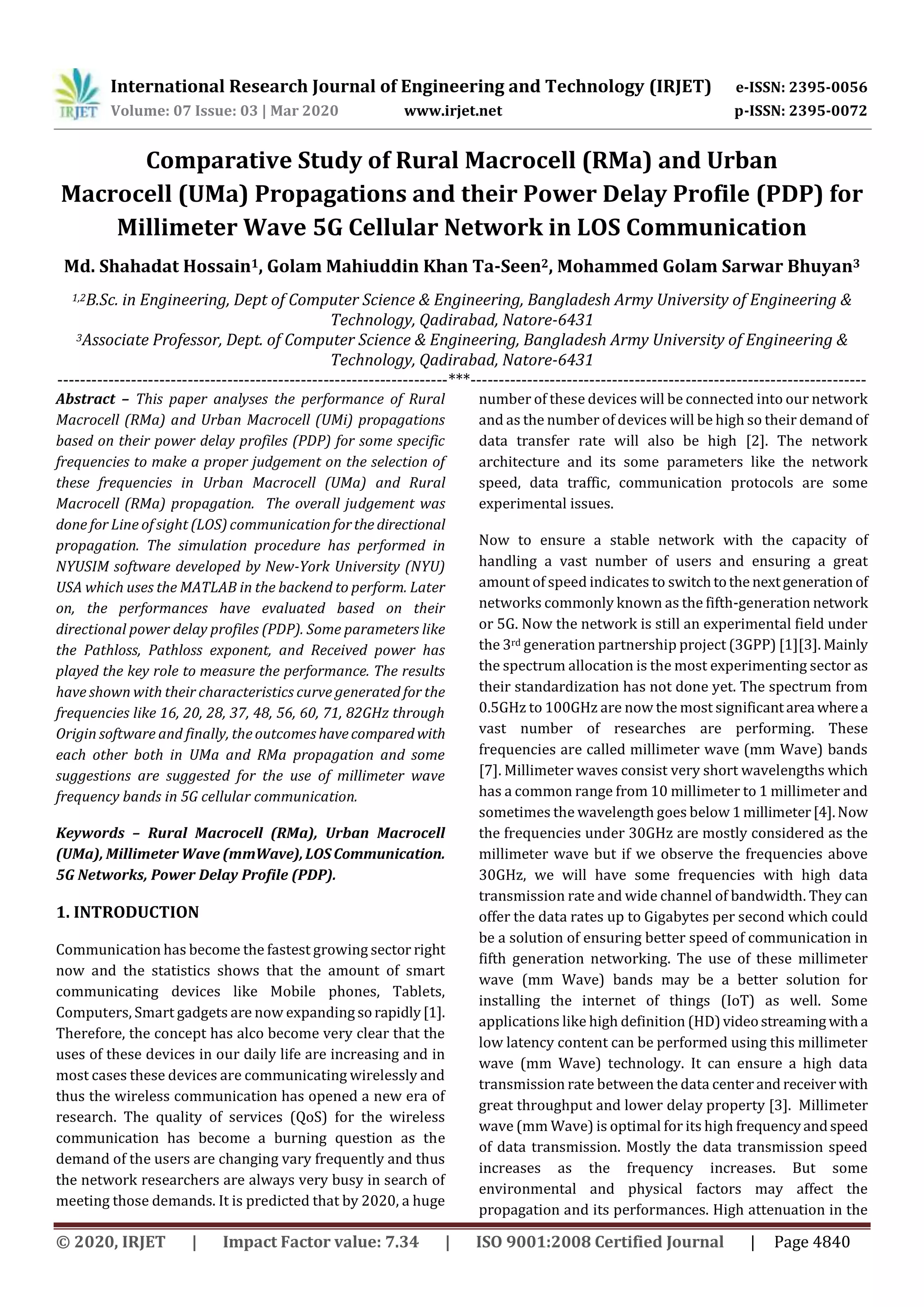 IRJET - Comparative Study of Rural Macrocell (RMA) and Urban Macrocell (UMA) Propagations and ...