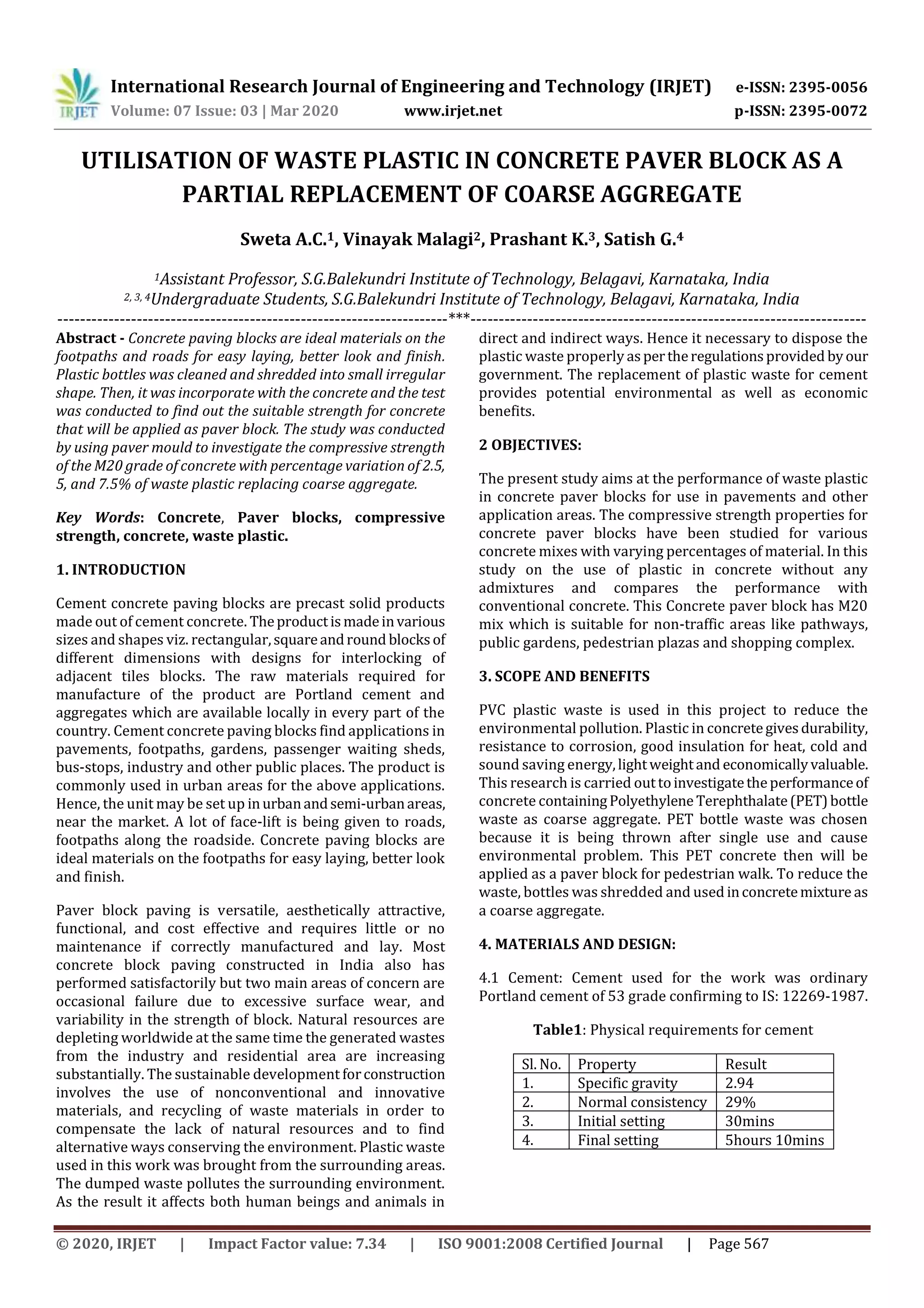 IRJET - Utilisation of Waste Plastic in Concrete Paver Block as a ...