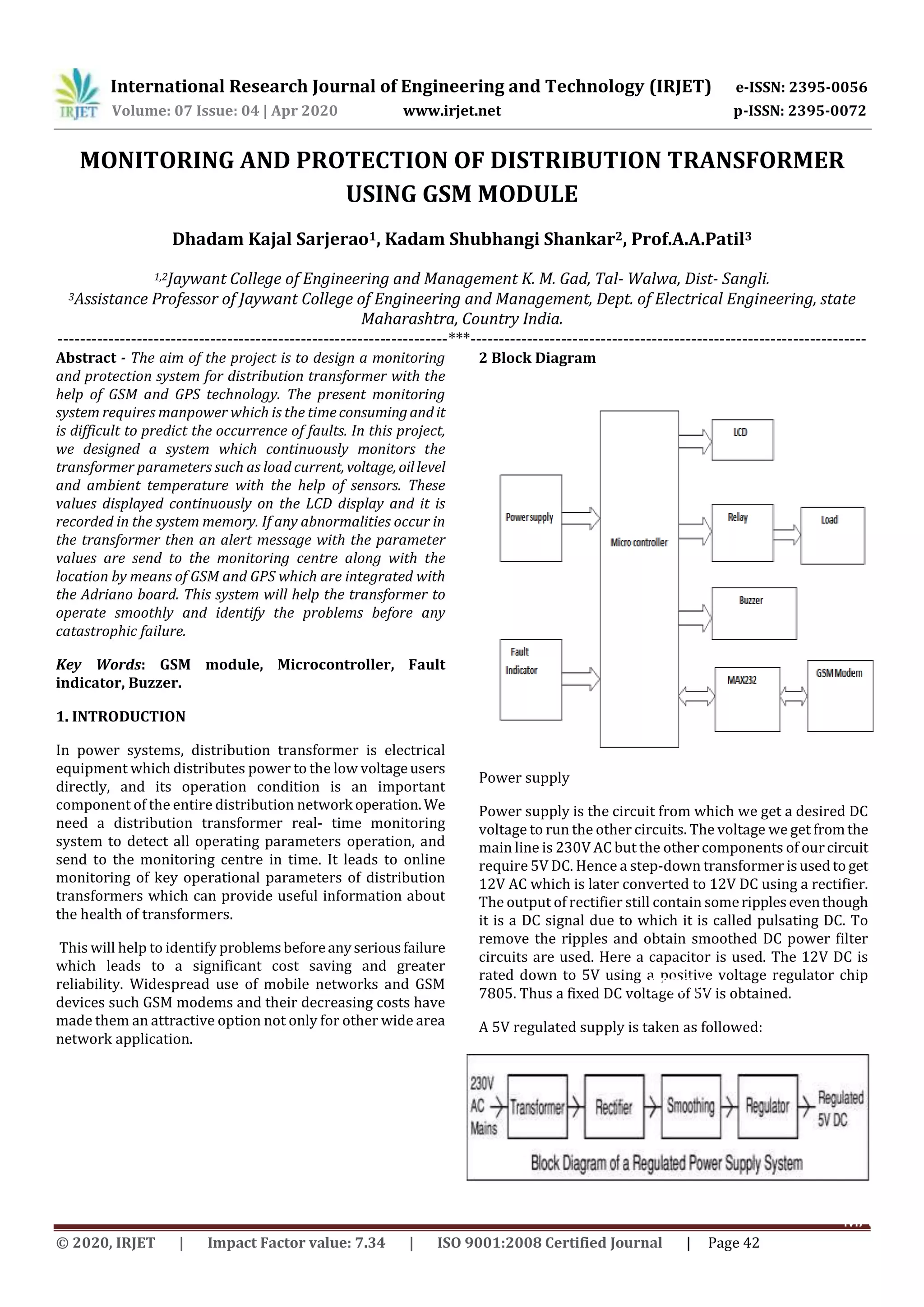 Irjet Monitoring And Protection Of Distribution Transformer Using Gsm Module Pdf