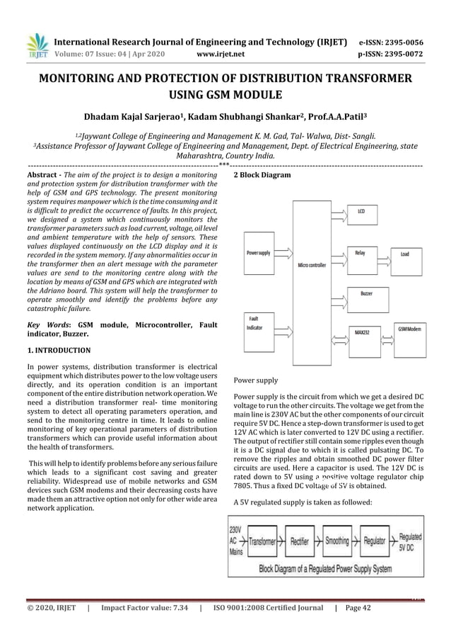 IRJET- Monitoring and Protection of Distribution Transformer using GSM ...