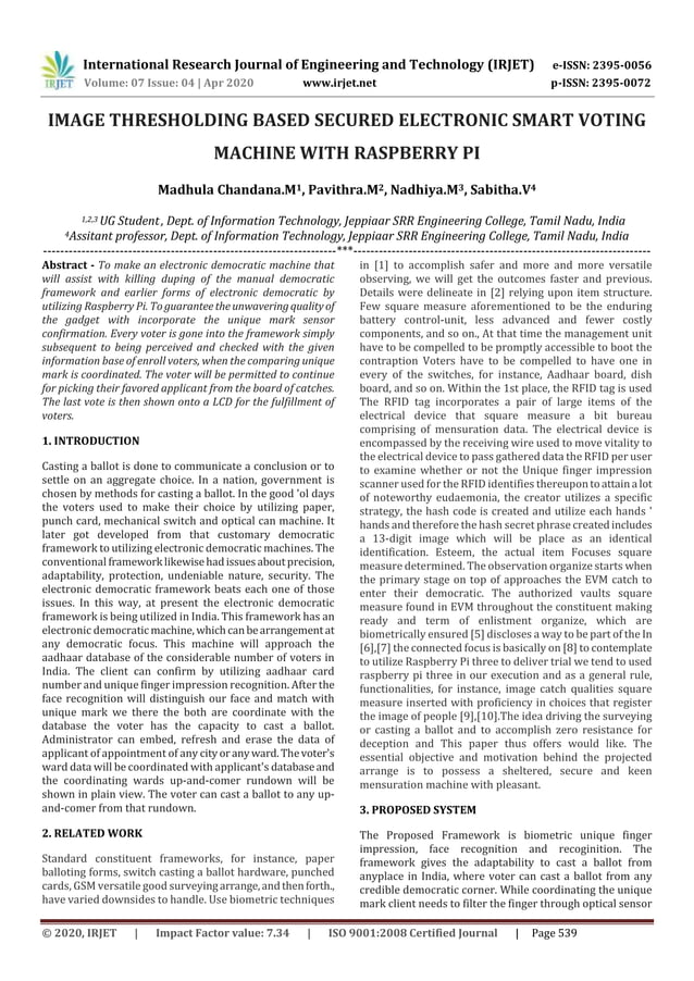 IRJET - Image Thresholding based Secured Electronic Smart Voting Machine with Raspberry PI | PDF