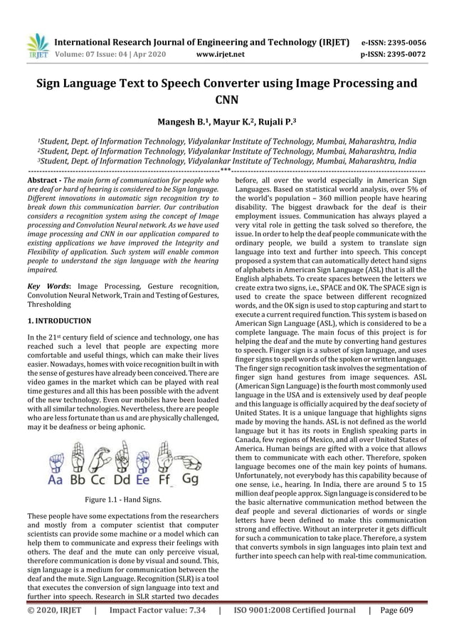 IRJET - Sign Language Text to Speech Converter using Image Processing ...