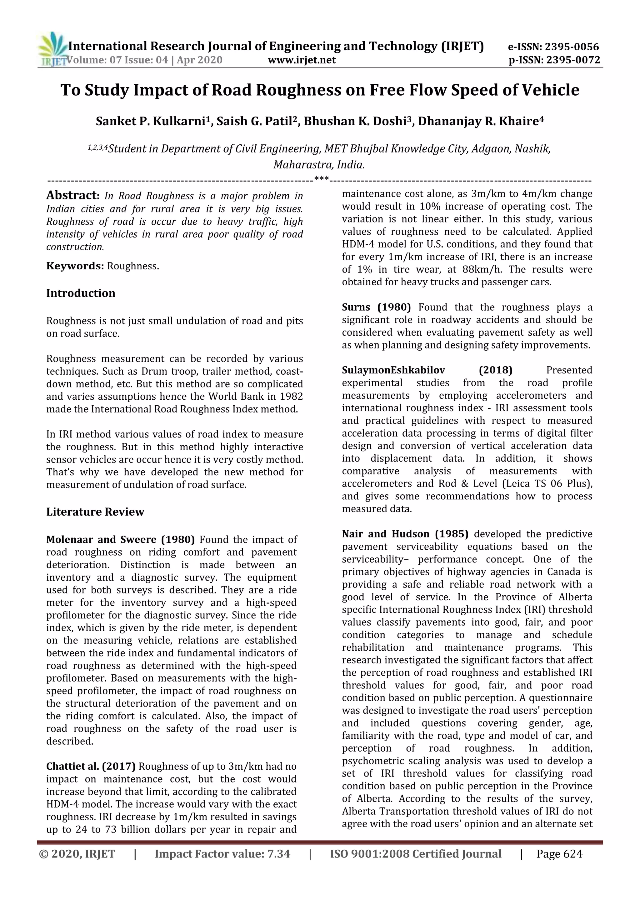 IRJET - To Study Impact of Road Roughness on Free Flow Speed of Vehicle ...
