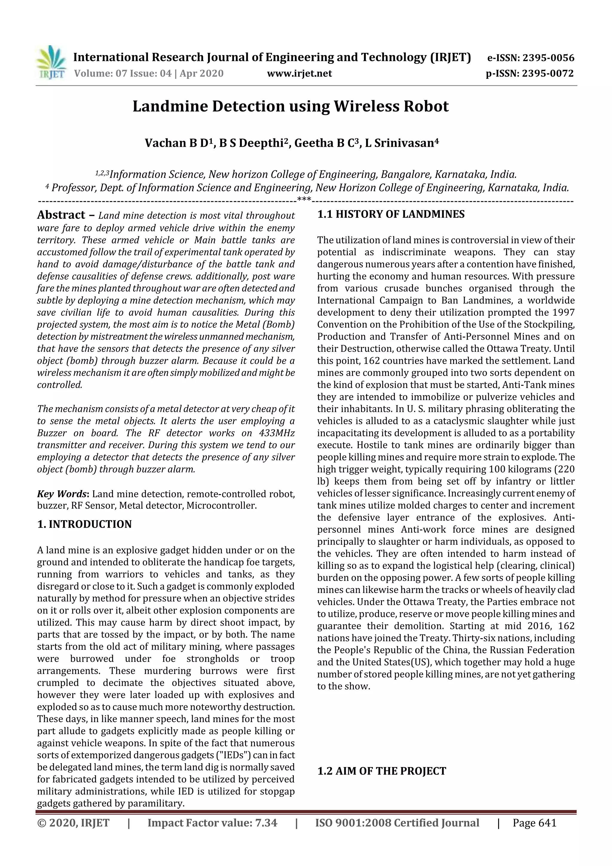 IRJET - Landmine Detection using Wireless Robot | PDF