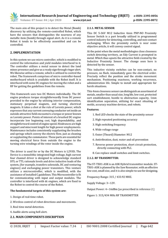 IRJET - Landmine Detection using Wireless Robot | PDF