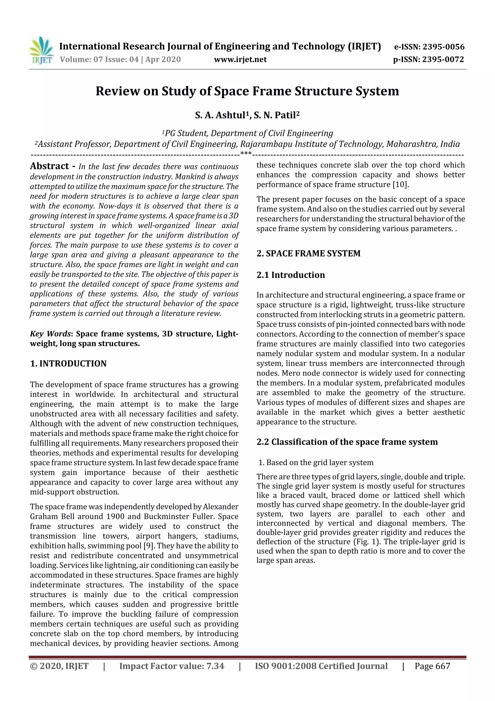 IRJET - Review on Study of Space Frame Structure System | PDF