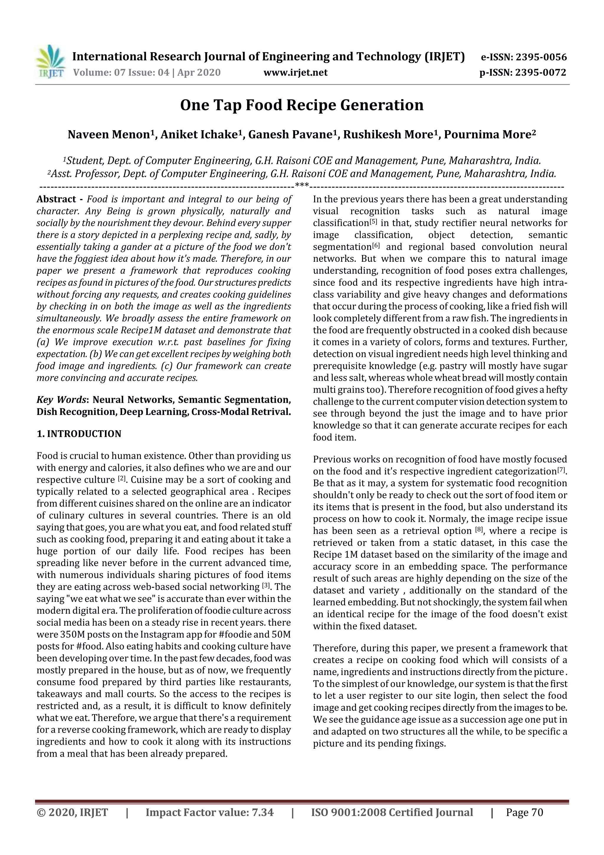 IRJET- One Tap Food Recipe Generation | PDF