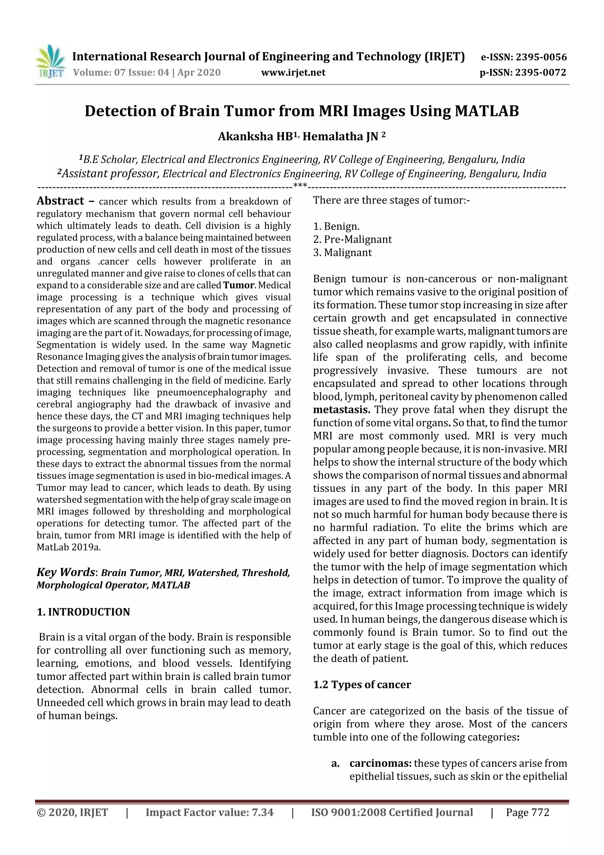 IRJET - Detection of Brain Tumor from MRI Images using MATLAB | PDF