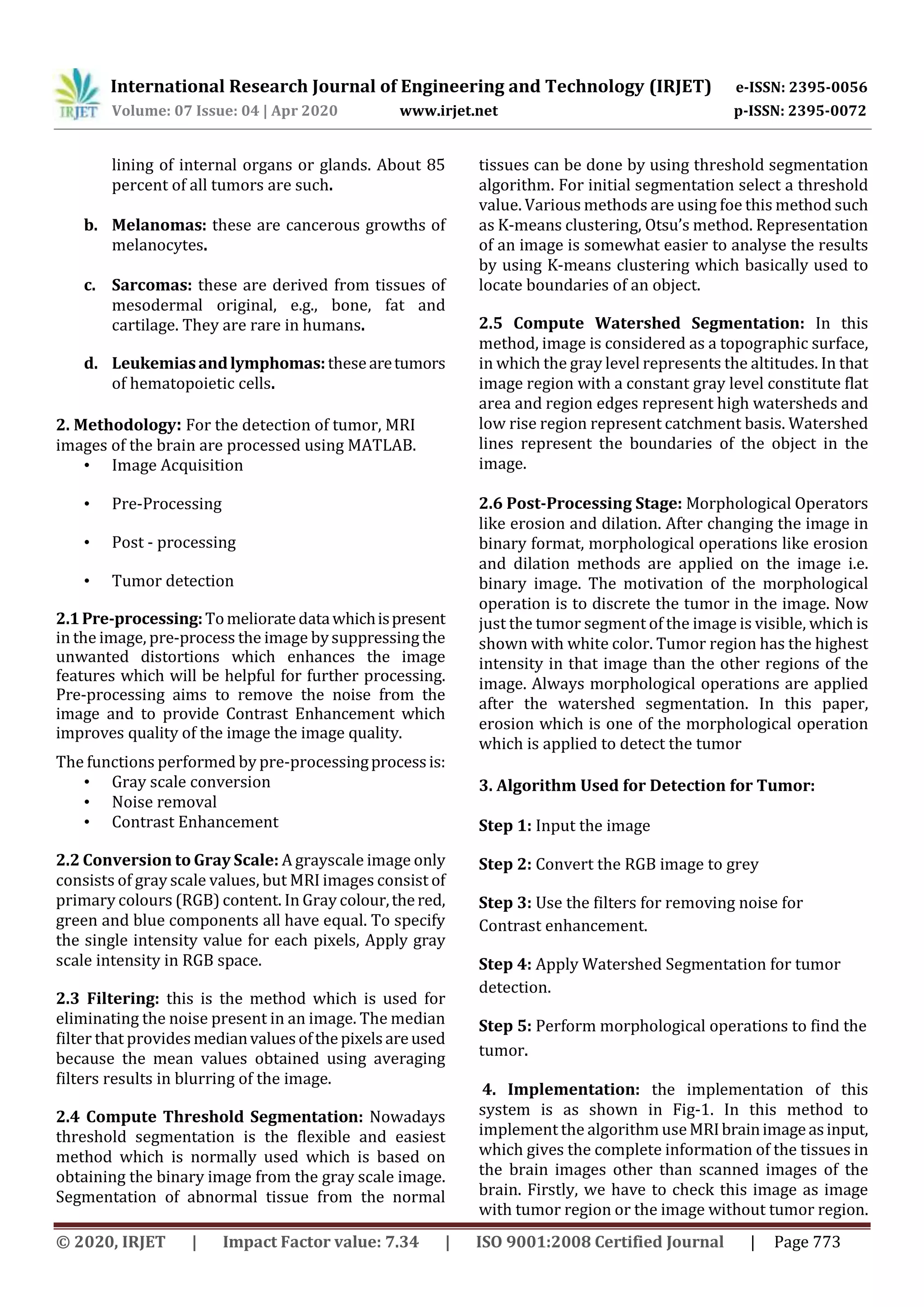 Irjet Detection Of Brain Tumor From Mri Images Using Matlab Pdf